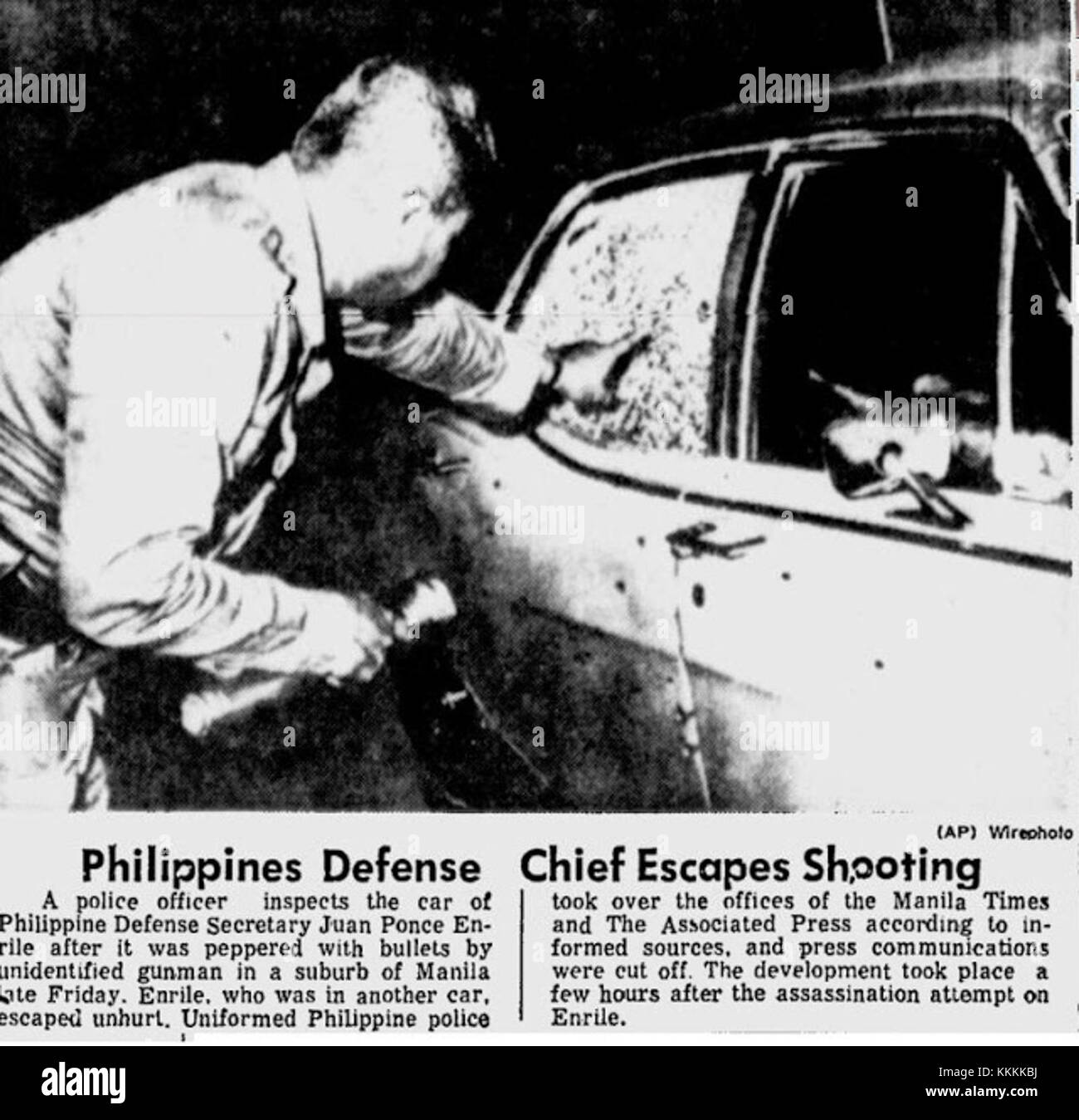 This photograph depicts the bullet-riddled car of Juan Ponce Enrile, a ...