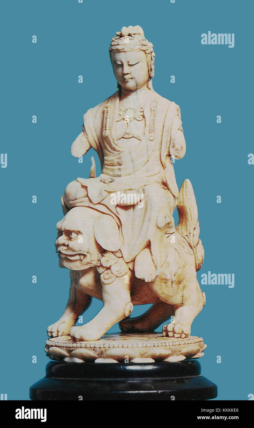 This statue depicts Guanyin, the Bodhisattva of Compassion, seated on a ...
