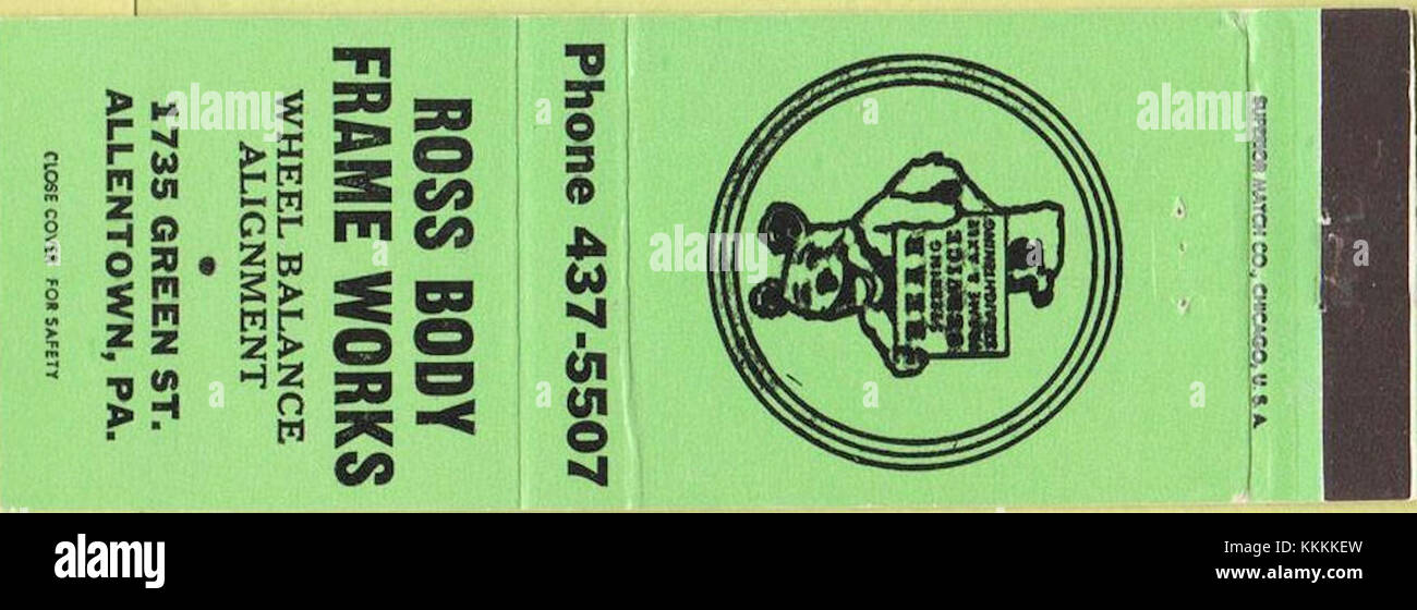 The 1970 Ross Body Frame Works matchcover from Allentown, PA is a ...