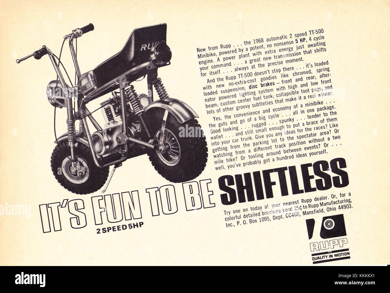 This 1968 advertisement promotes the Rupp TT-500, a popular model of ...