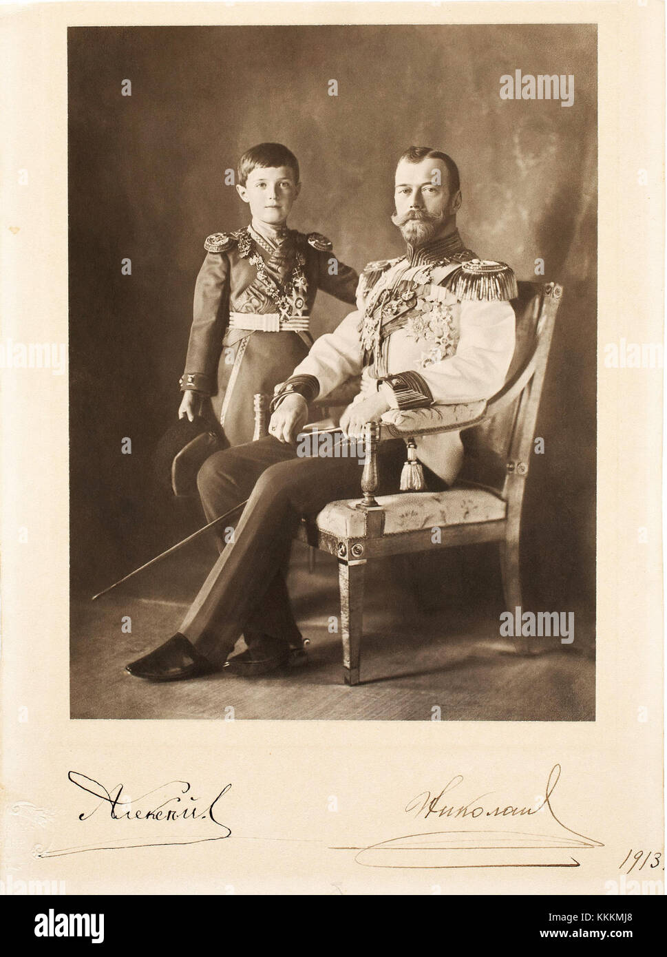 Nicholas II with his son Alexei, portrait with autographs Stock Photo ...