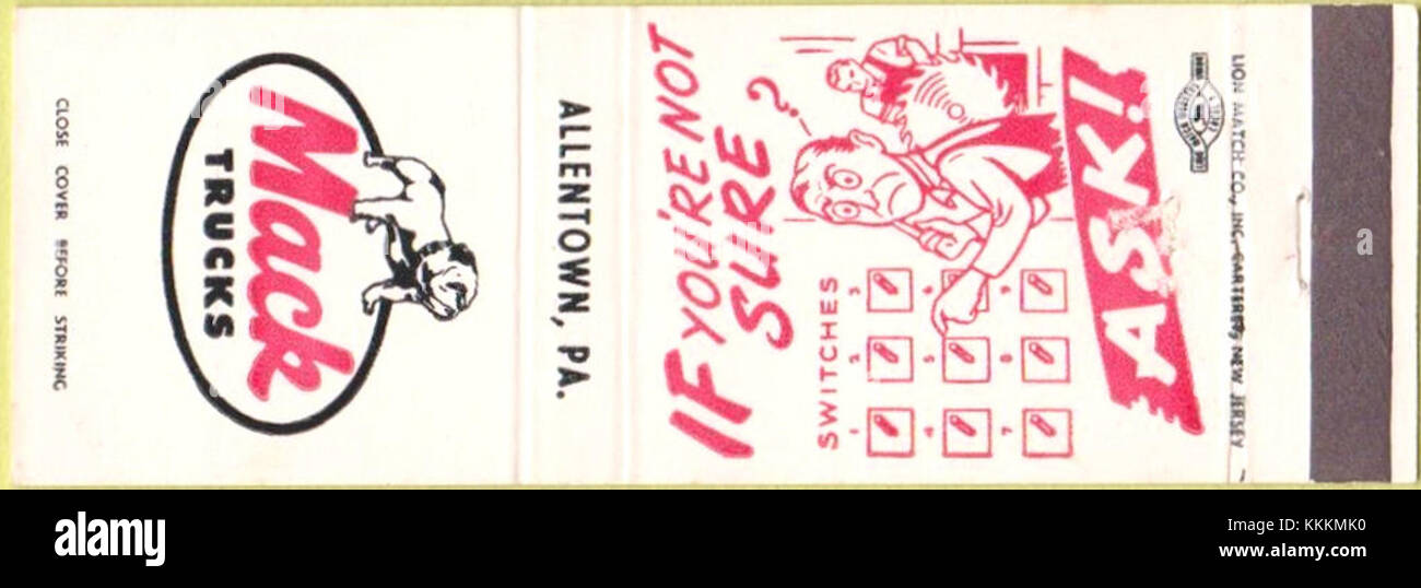 This Mack Trucks matchcover from 1967 is a historical promotional item ...