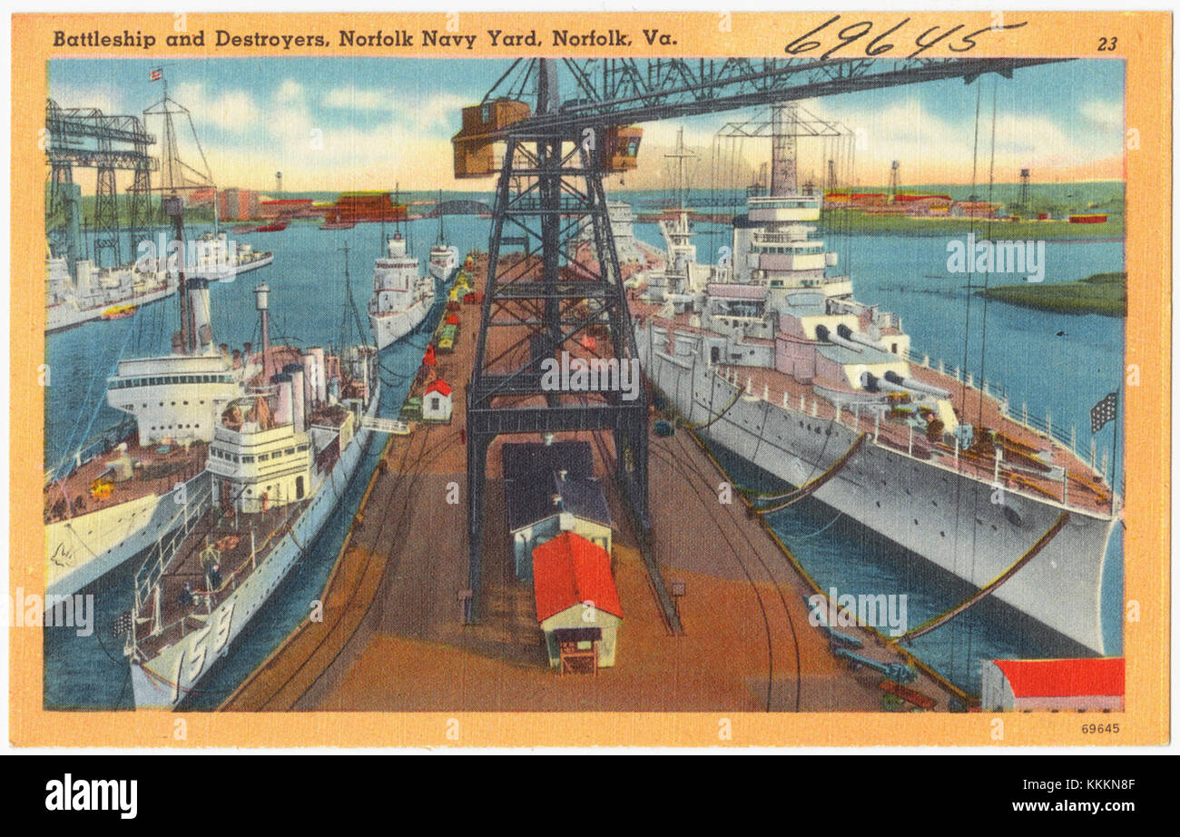 This image depicts battleships and destroyers docked at the Norfolk ...