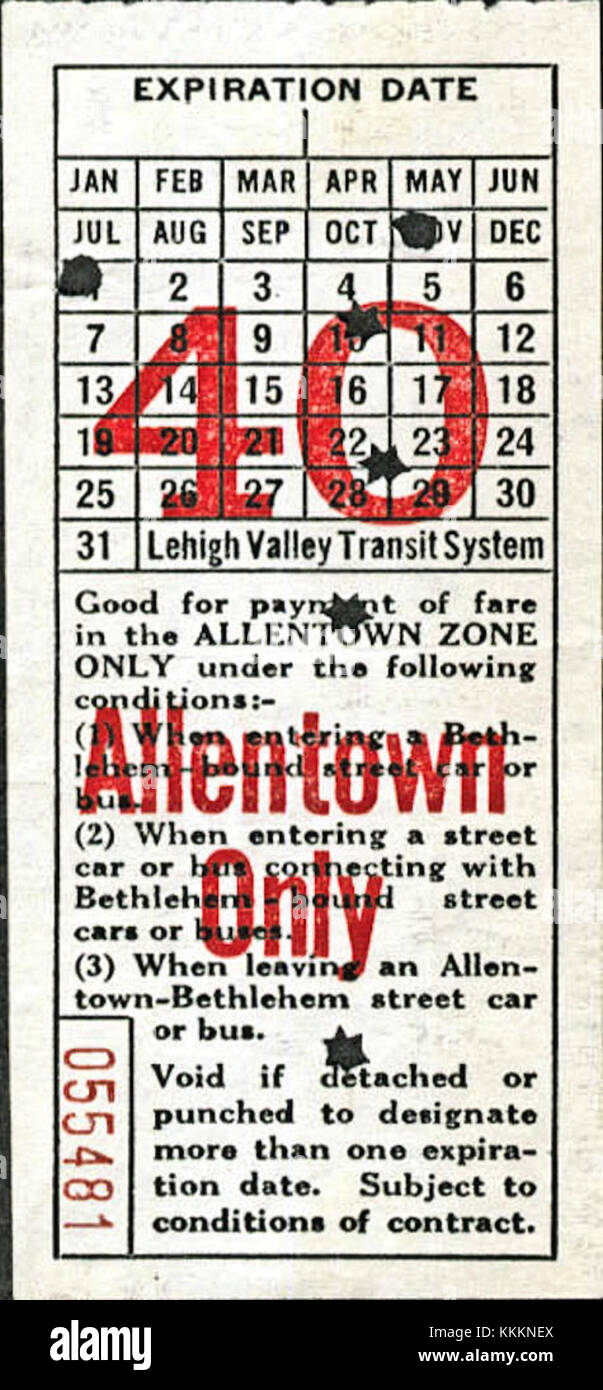 Lehigh Valley Transit - Streetcar Transfer Pass 5 - Allentown PA Stock ...