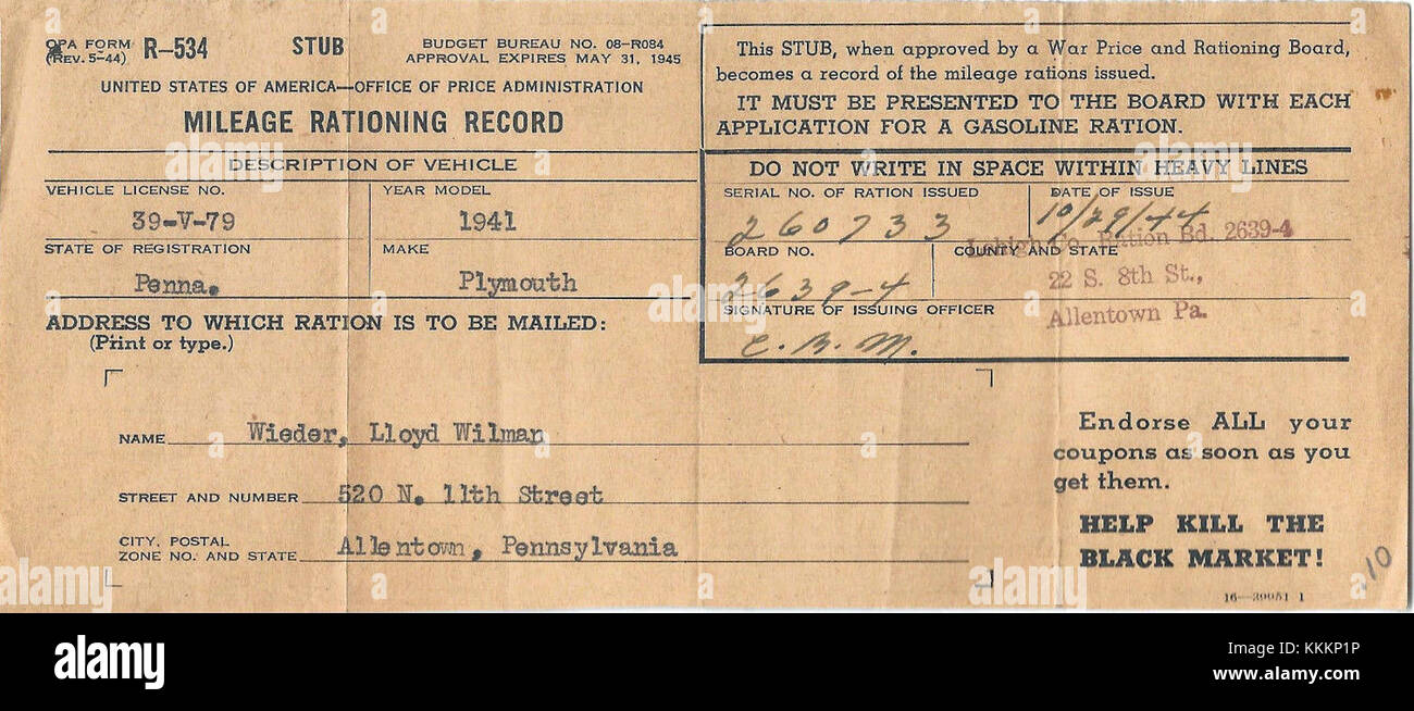 The 1944 gasoline ration book from Allentown, Pennsylvania, was used ...