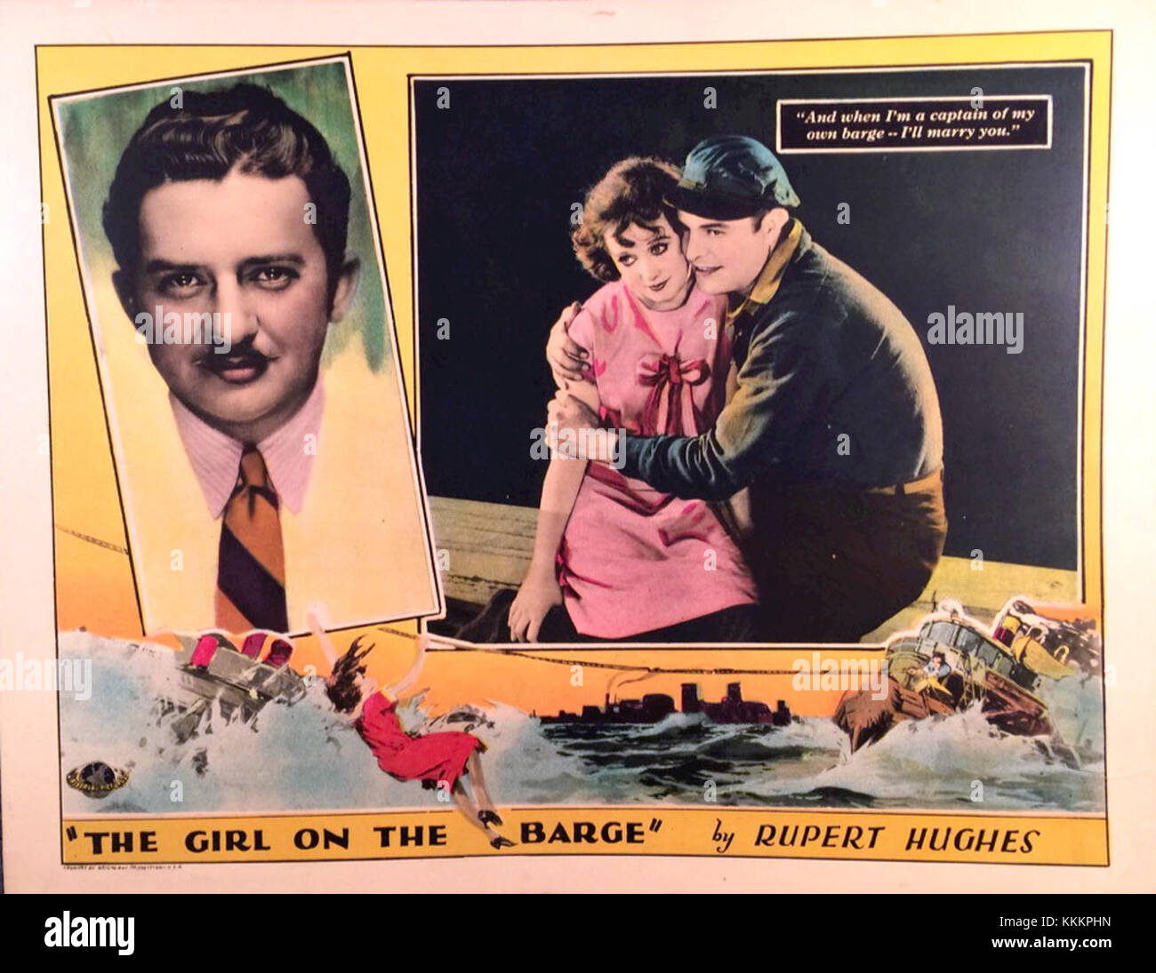 A lobby card for the film 'Girl on the Barge' features a dramatic scene ...