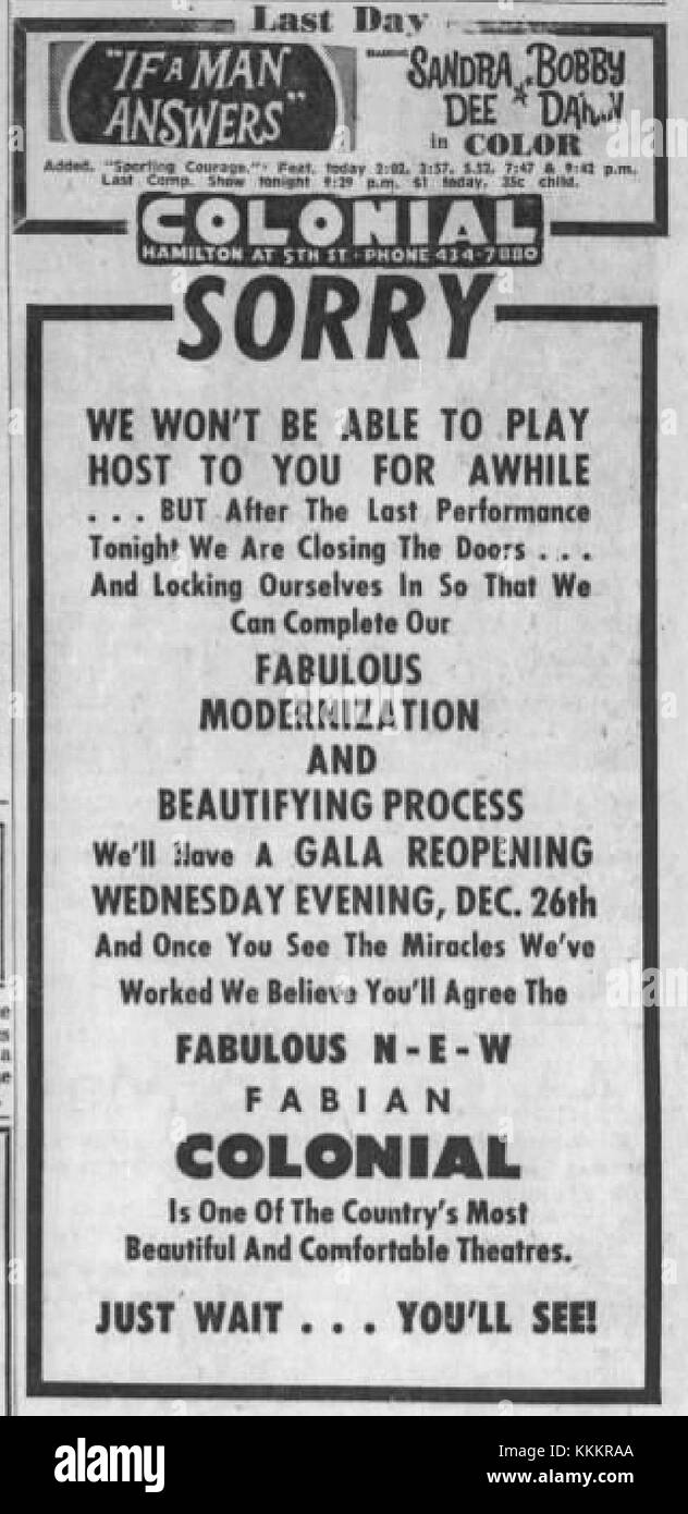 This 1962 advertisement promotes the Colonial Theater in Allentown ...