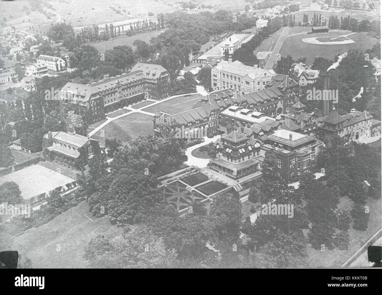 This aerial photograph captures a historic view of the Hill School, an ...