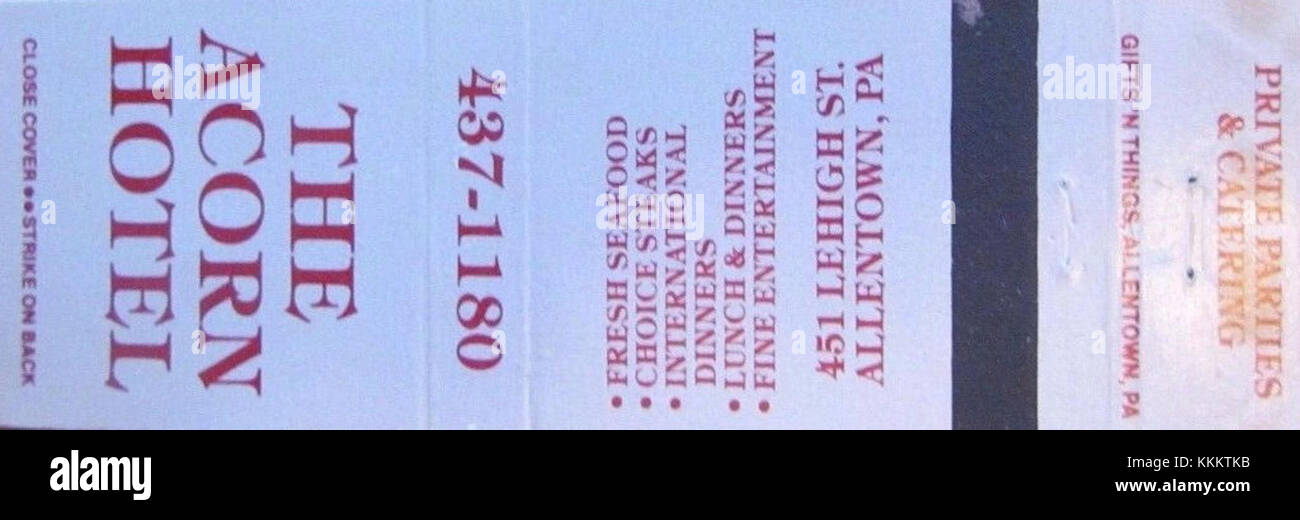 This matchbook from the Acorn Hotel in Allentown, Pennsylvania, dated ...