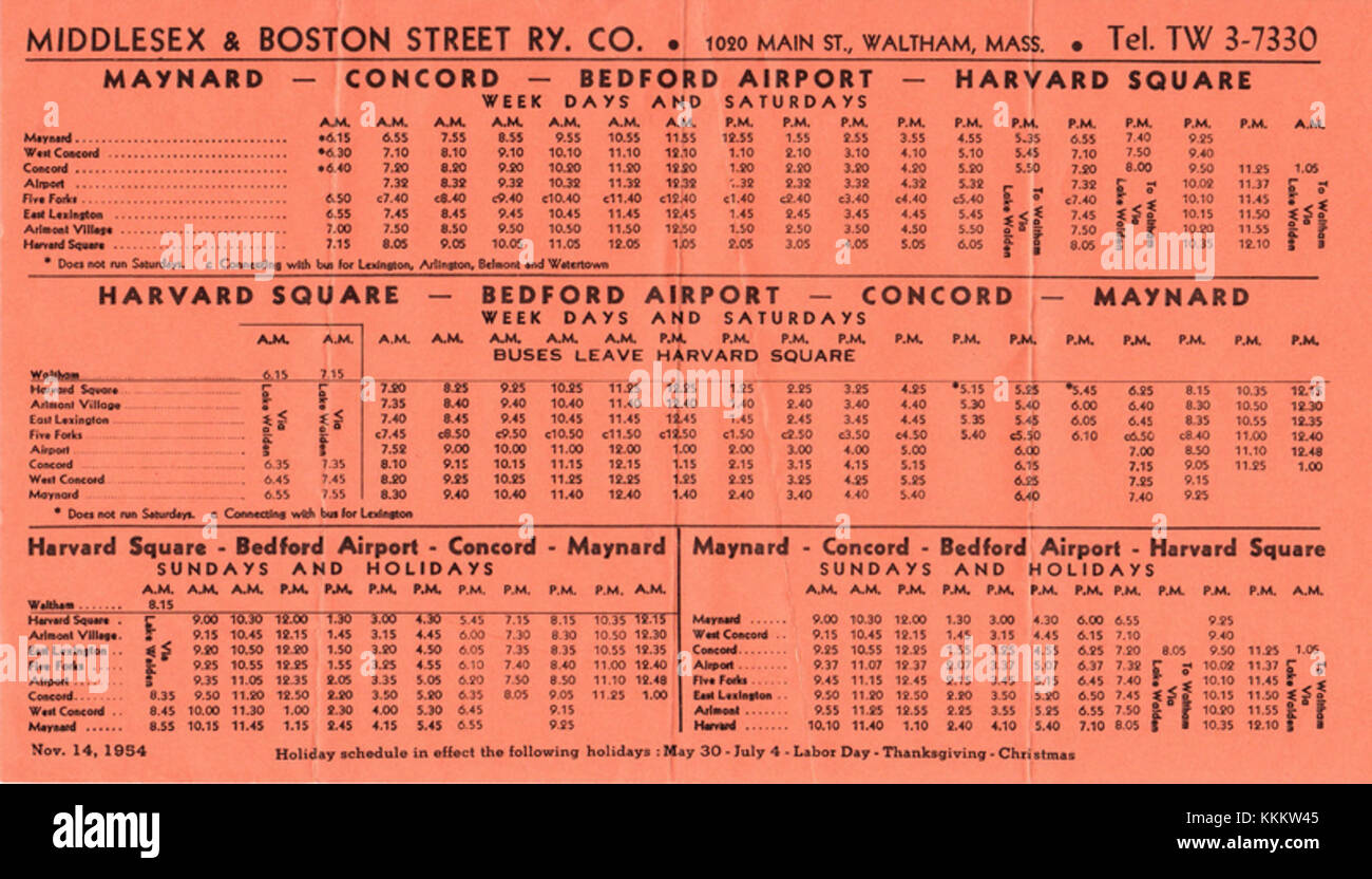 Historical bus schedule from 1954 detailing routes and times for the ...