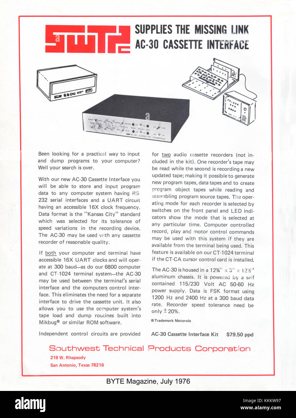 The SWTPC AC30 Cassette Interface is an early computer peripheral ...
