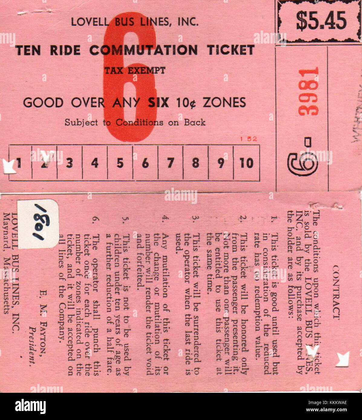 This commuter ticket from January 1952 is issued by Lovell Bus Lines, a ...