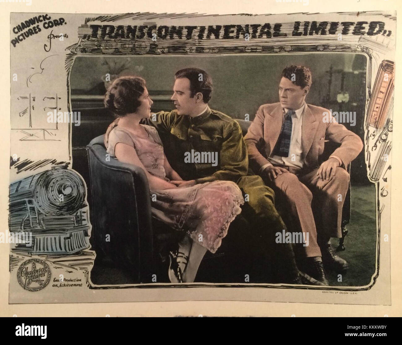 Lobby card for the 1928 film 'Transcontinental Limited', depicting key ...