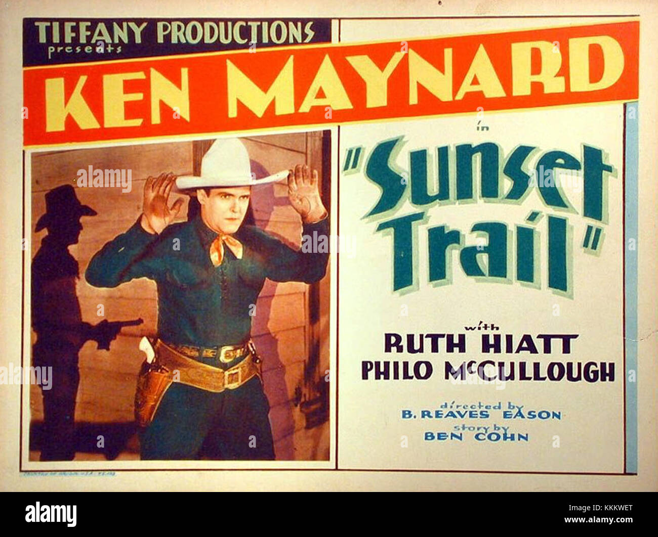 This lobby card is from the movie *Sunset Trail*, a Western film ...
