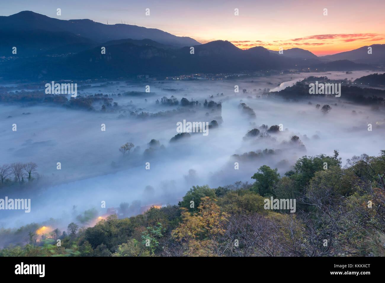 Mist over Adda river seen from Airuno at the Santuario Madonna della ...