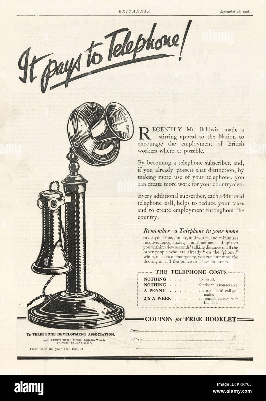 1928 UK Magazine Telephone Development Advert Stock Photo - Alamy