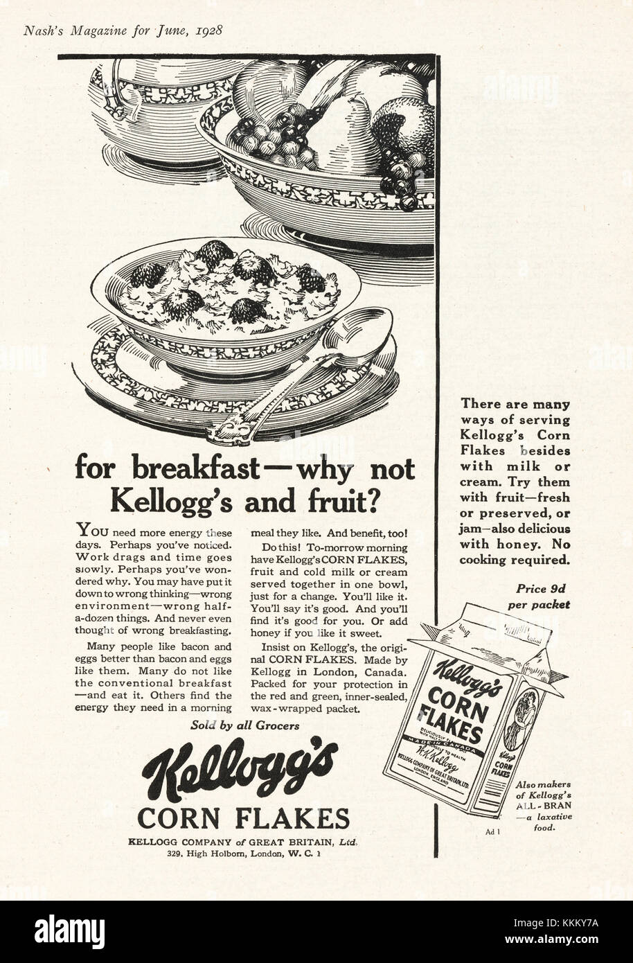 1928 UK Magazine Kellogs Cornflakes Advert Stock Photo - Alamy