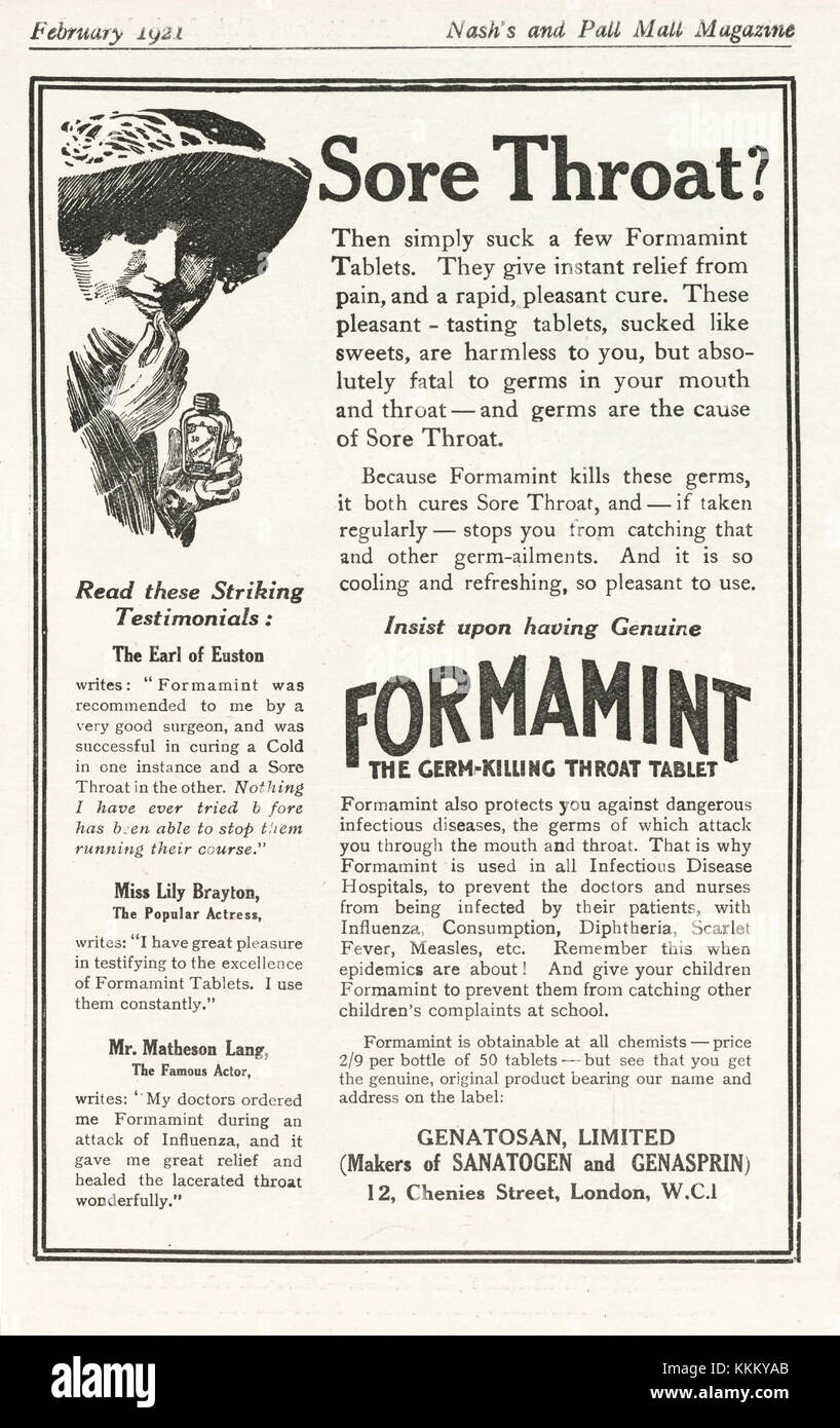 1921 UK Magazine Formamint Throat Tablets Advert Stock Photo - Alamy