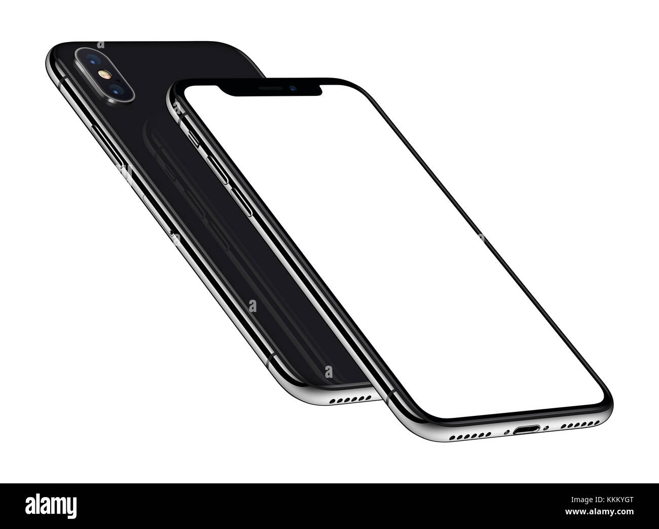 Black isometric smartphones similar to iPhone X mockup front and back ...