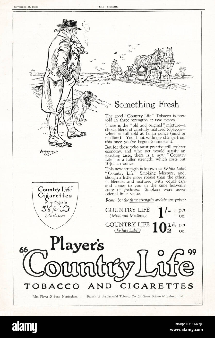 1923 UK Magazine Player's 'Country Life' Cigarette Advert Stock Photo ...
