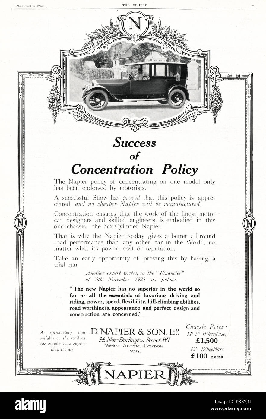 1923 UK Magazine Napier Cars Advert Stock Photo - Alamy