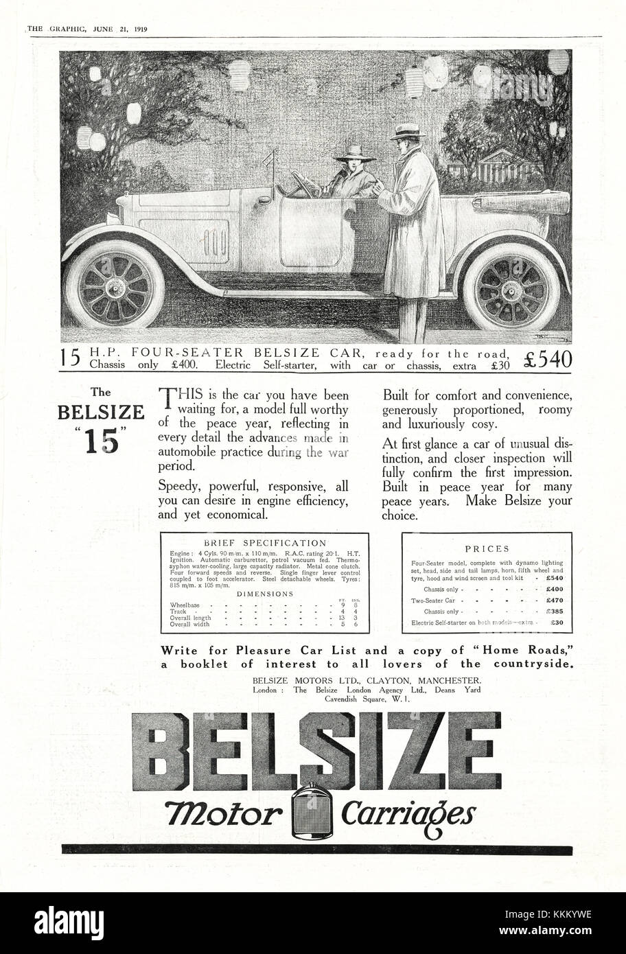 1919 UK Magazine Belsize Motor Cars Advert Stock Photo - Alamy