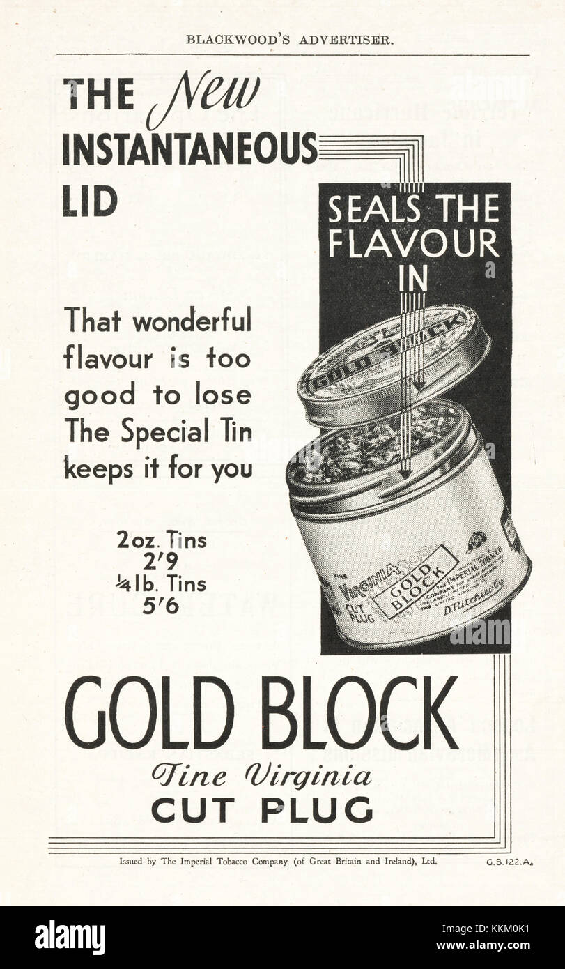 1934 UK Magazine Gold Block Tobacco Advert Stock Photo - Alamy
