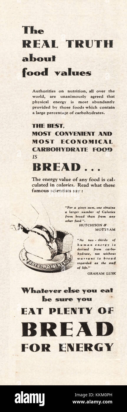 1937 UK Magazine Bread For Energy Advert Stock Photo - Alamy