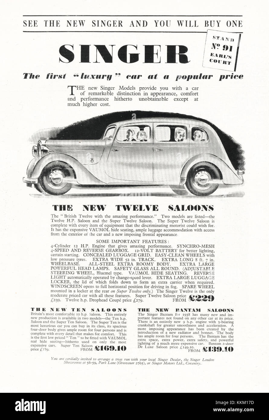 1937 UK Magazine Singer Car Advert Stock Photo - Alamy
