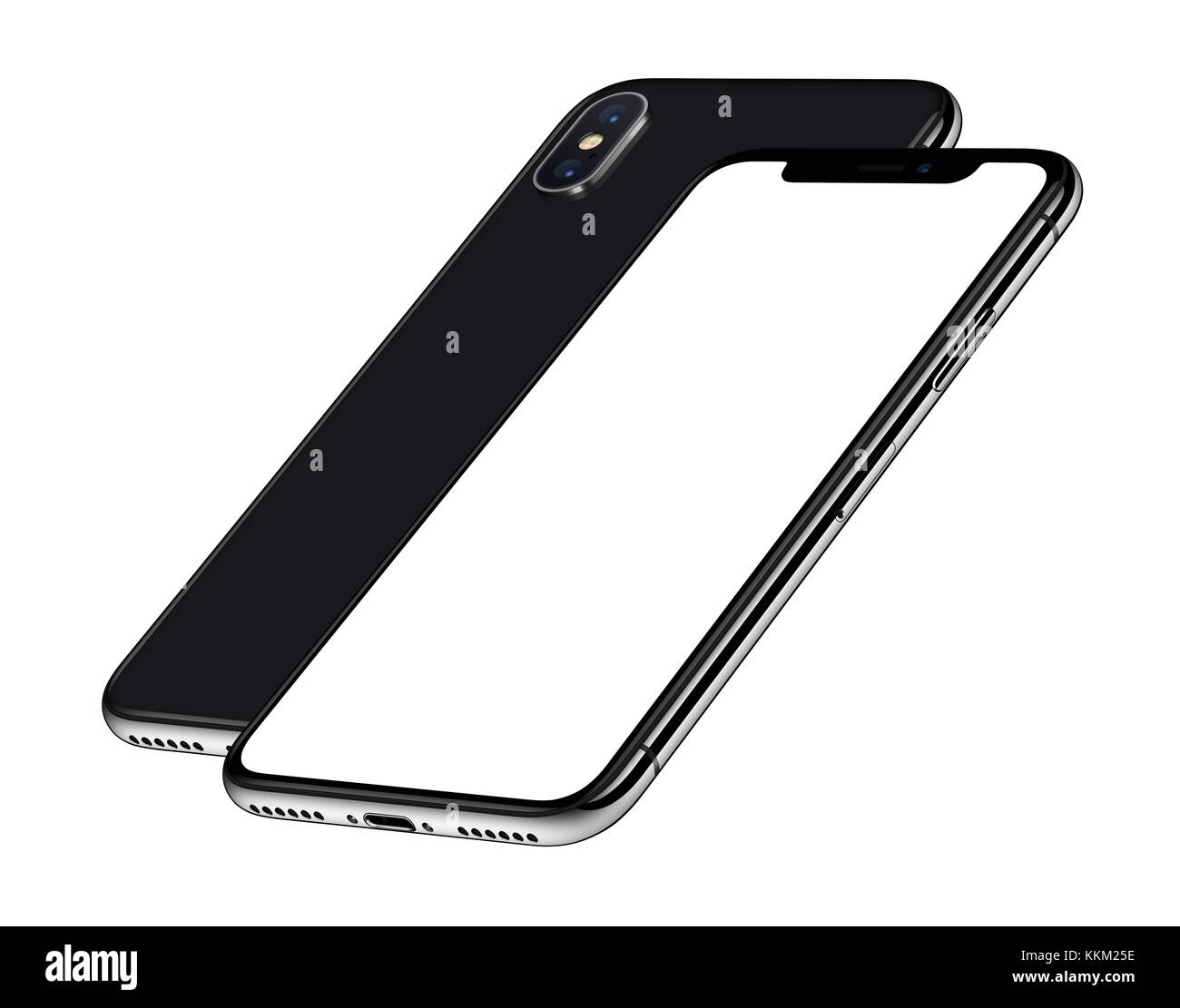 Black isometric smartphones mockup similar to iPhone X front and back ...
