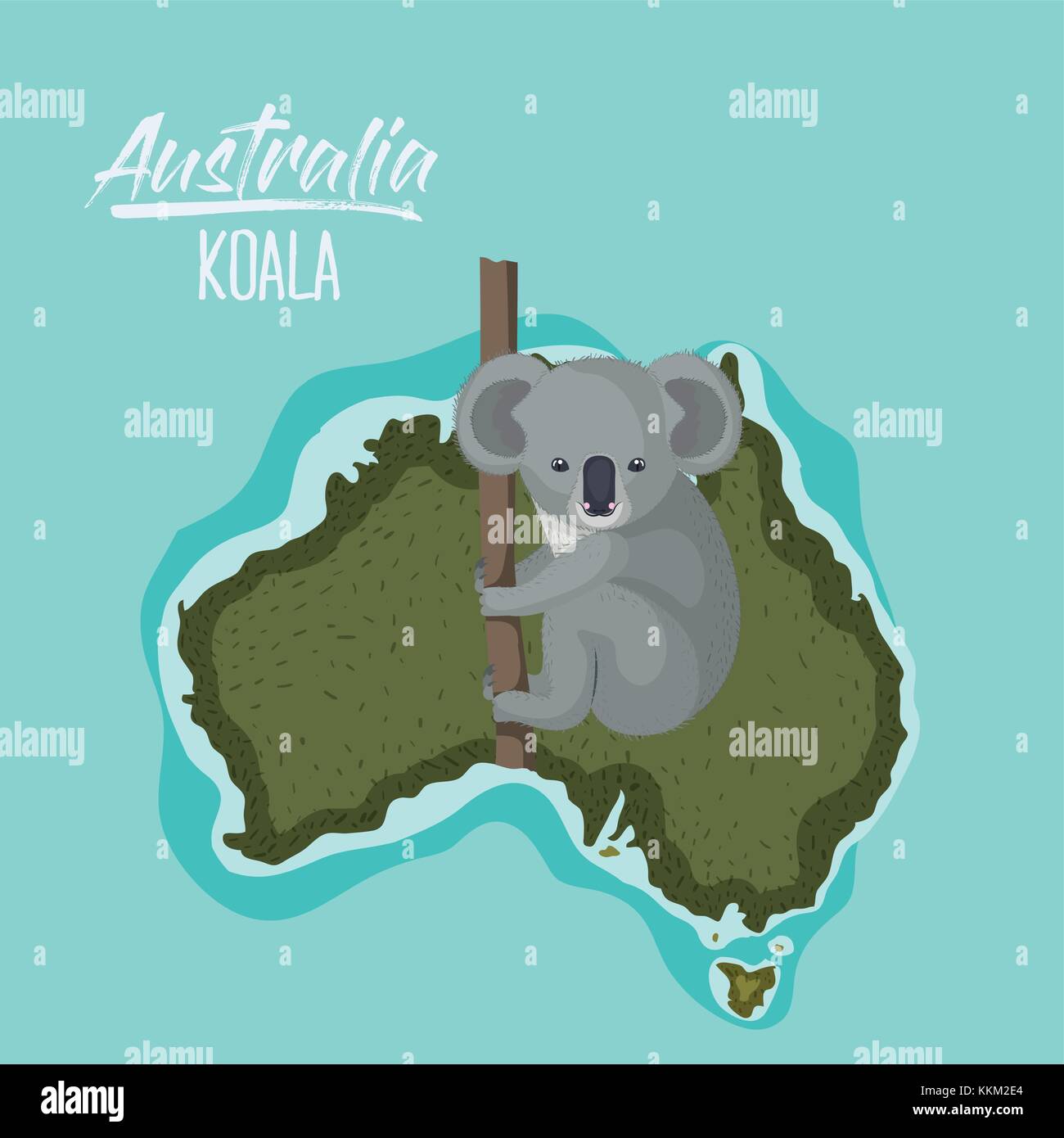 poster koala in australia map in green surrounded by the ocean Stock ...