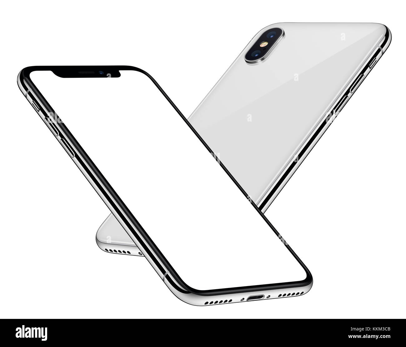 White smartphones similar to iPhone X mockup soaring in the air back ...