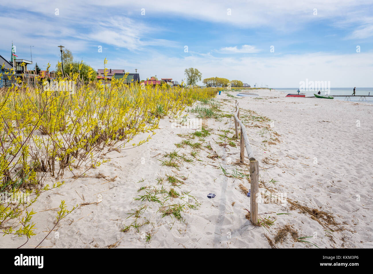 Bay of Puck beach seen from Hel Peninsula separating bay from open ...