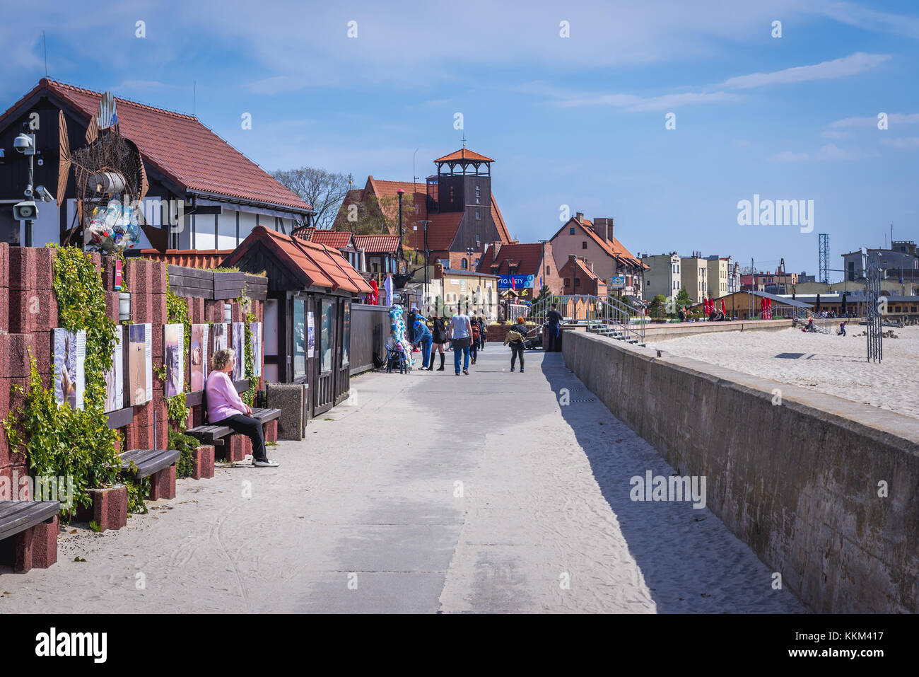 Promenade in Hel town on Hel Peninsula separating bay from open Baltic ...