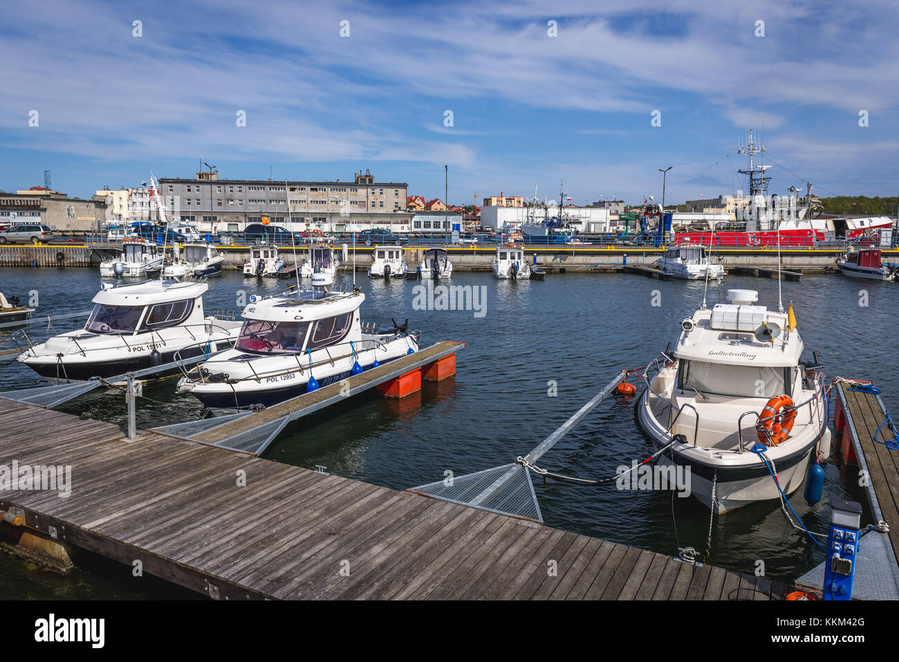 Port of Hel town on Hel Peninsula separating bay from open Baltic Sea ...