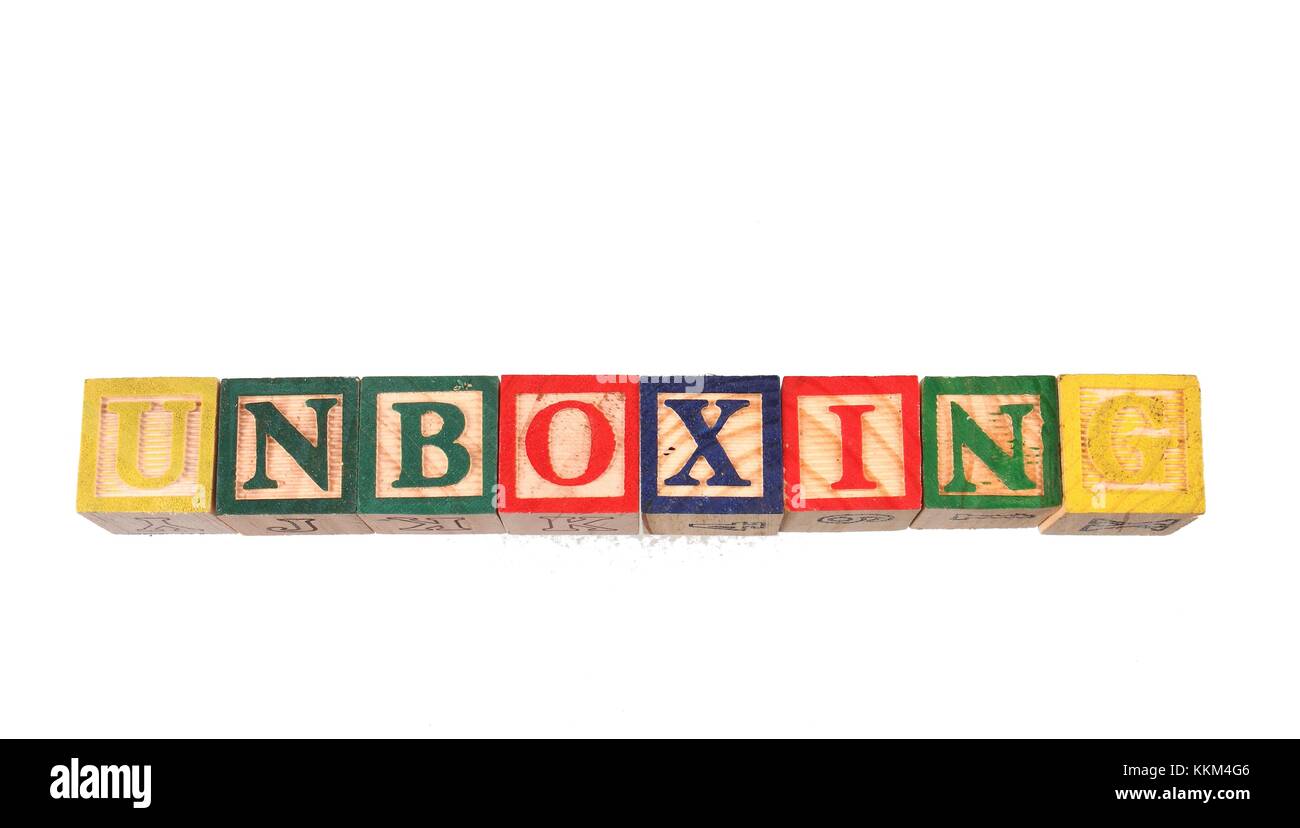 The term unboxing visually displayed on a white background using ...