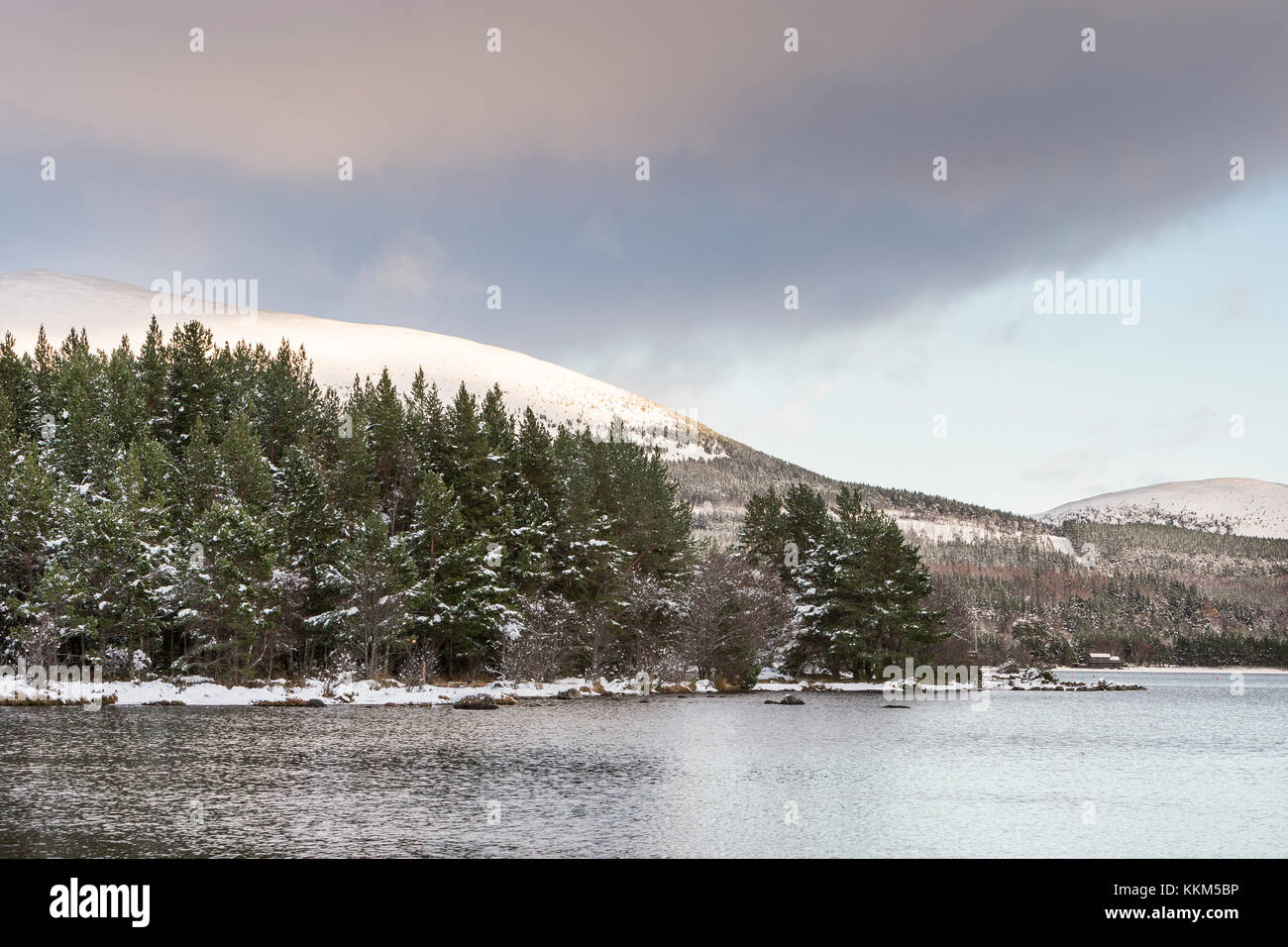 Winter on Loch Morlich in the Cairngorms National park of Scotland ...