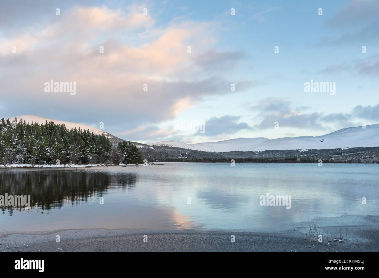 Winter on Loch Morlich in the Cairngorms National park of Scotland ...
