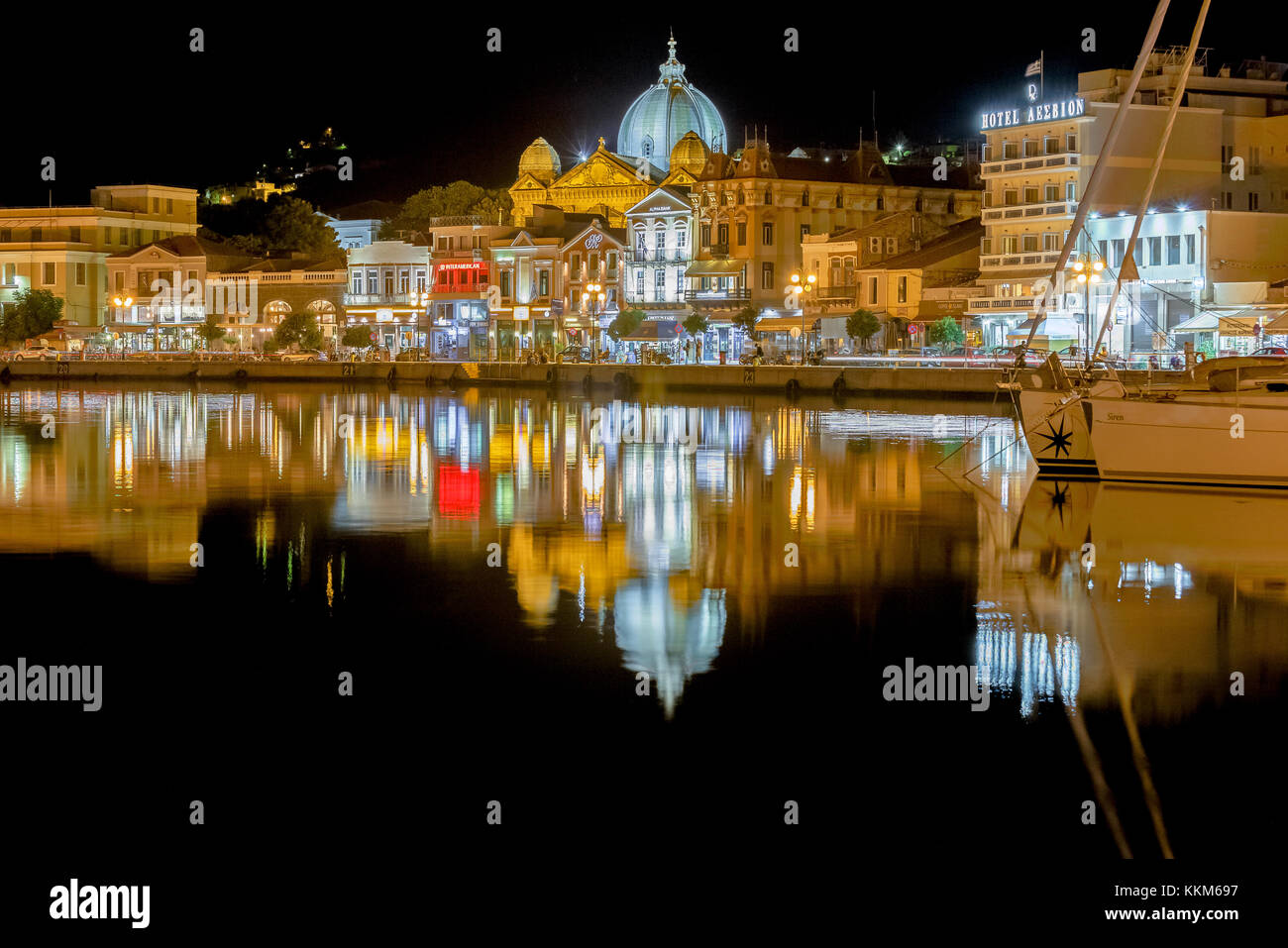 Panoramic shot of Mytilene town in Lesvos island, Greece in the evening ...
