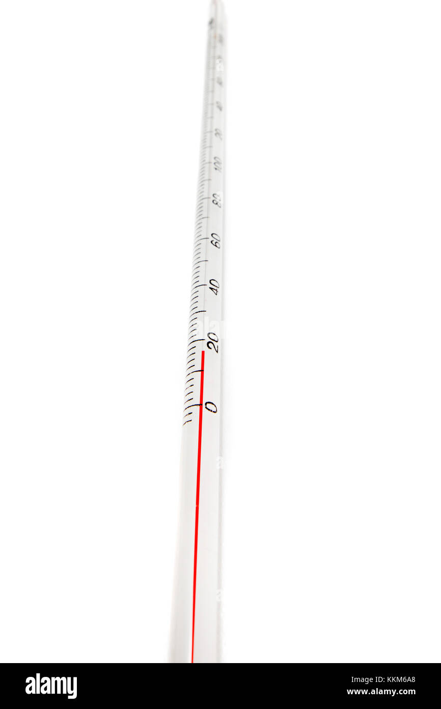 Close up view of a scientific long thermometer isolated on a white ...