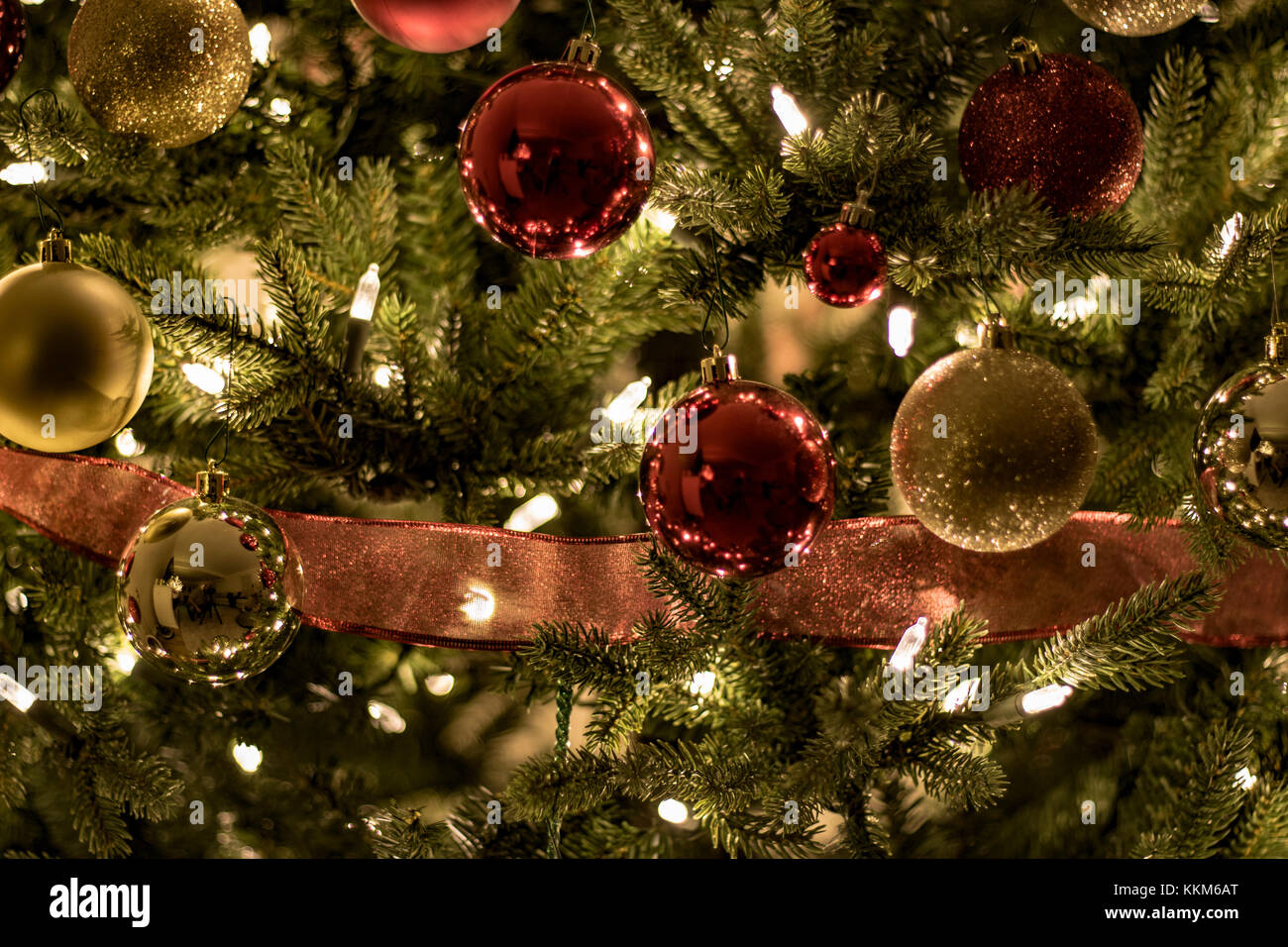 Christmas Long Exposure Tree and Ornaments at Night with ribbon and ...