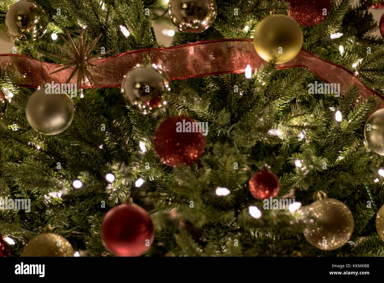 Christmas Long Exposure Tree and Ornaments at Night with ribbon and ...