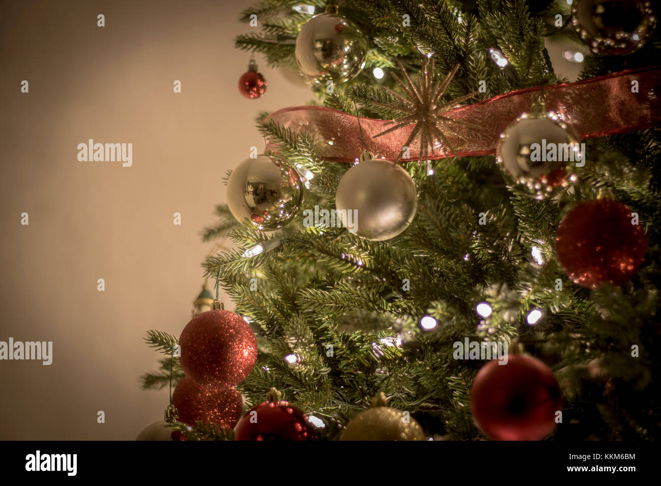 Christmas Long Exposure Tree and Ornaments at Night with ribbon and ...
