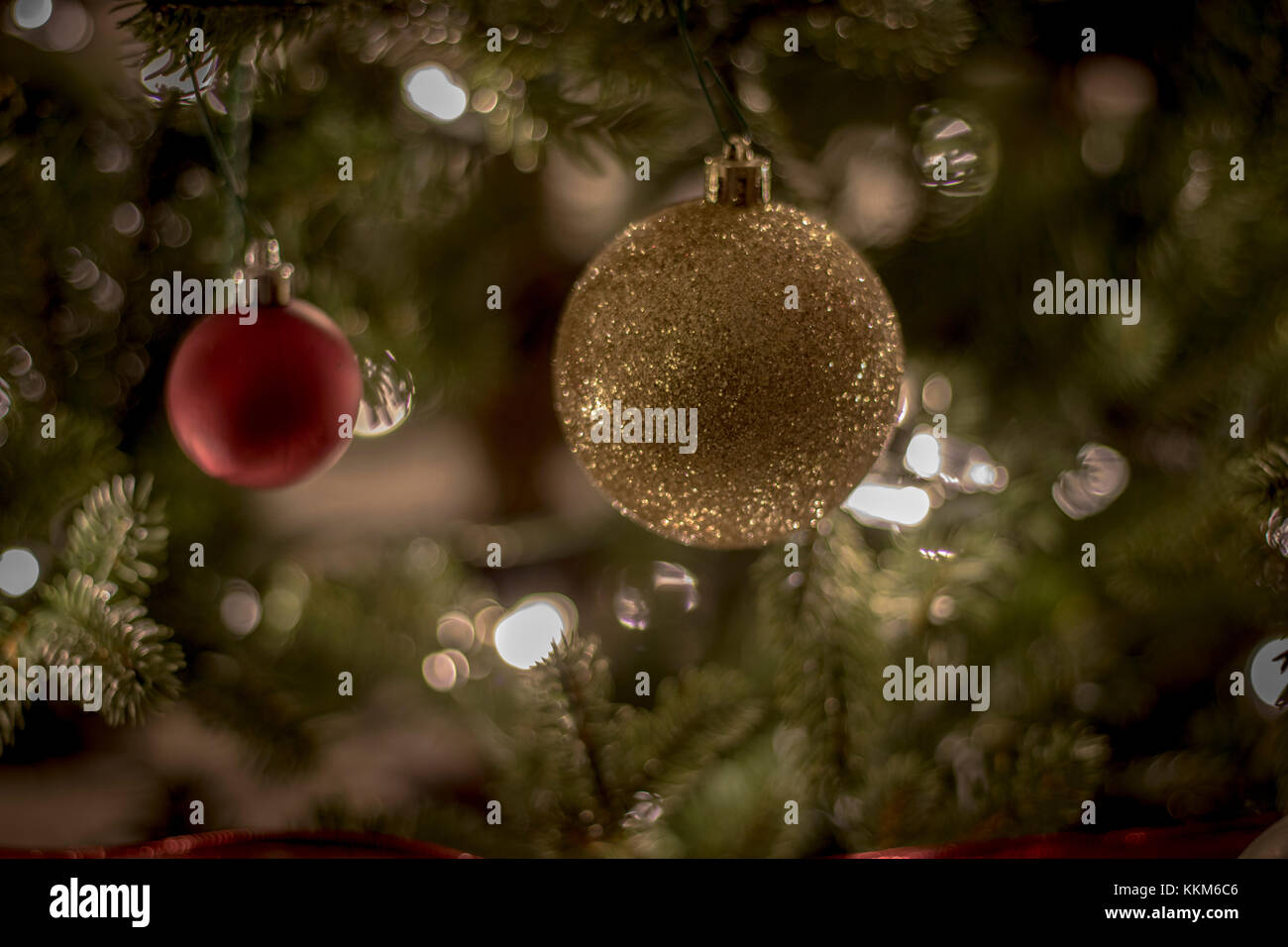 Christmas Long Exposure Tree and Ornaments at Night with ribbon and ...