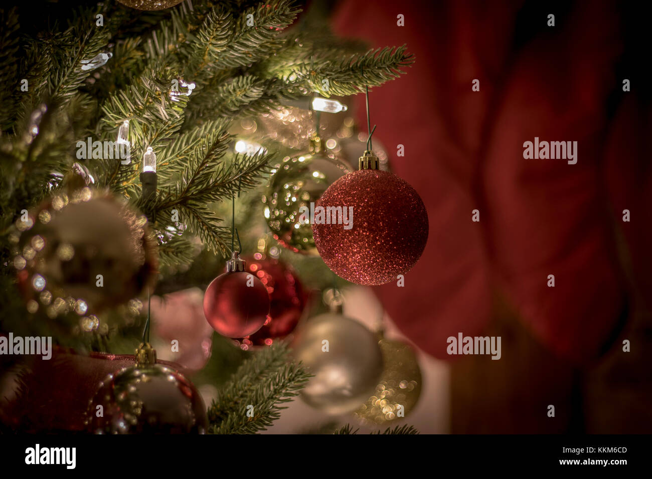 Christmas Long Exposure Tree and Ornaments at Night with ribbon and ...
