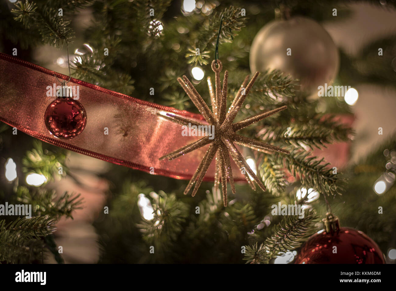Christmas Long Exposure Tree and Ornaments at Night with ribbon and ...