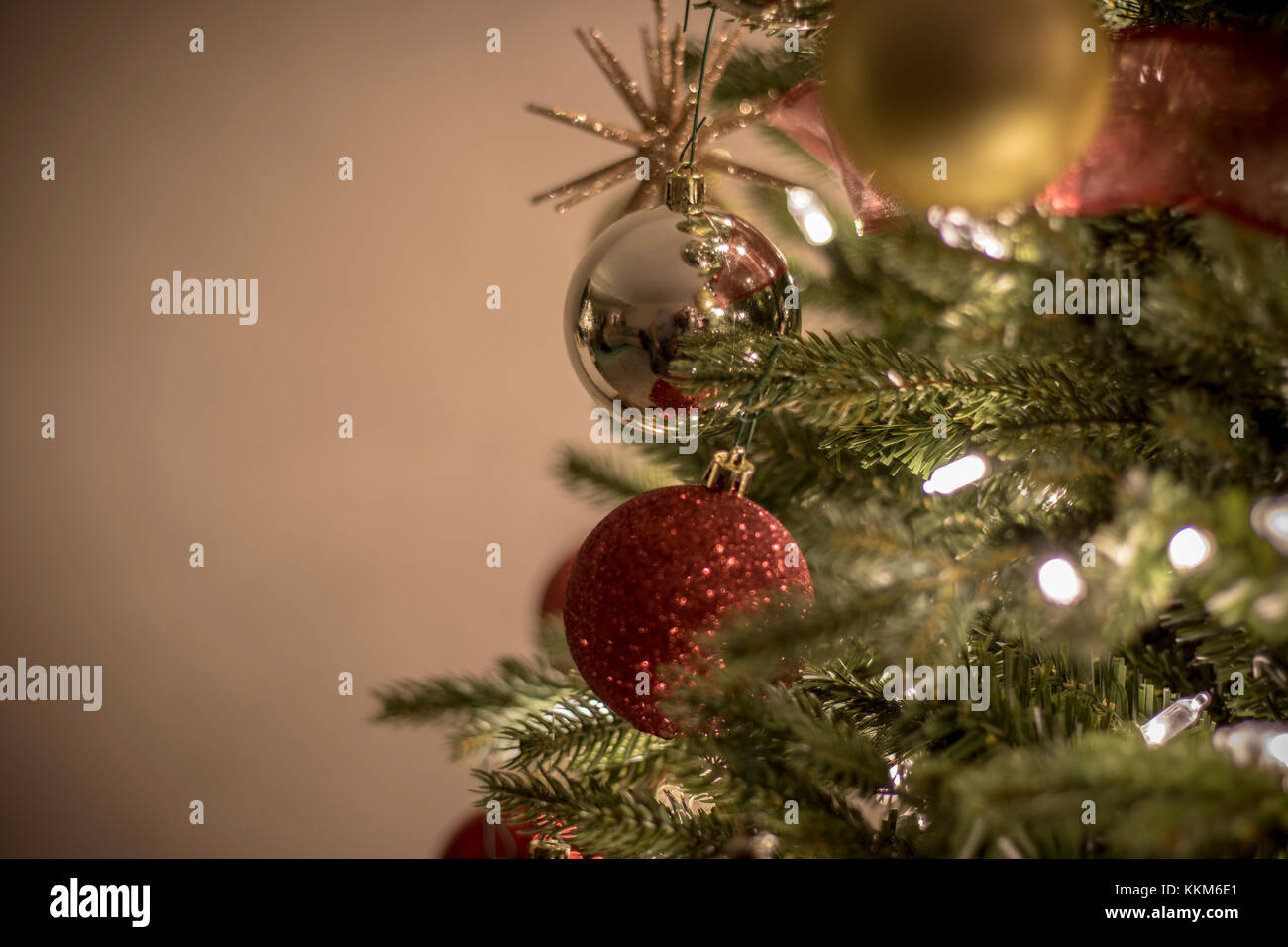 Christmas Long Exposure Tree and Ornaments at Night with ribbon and ...