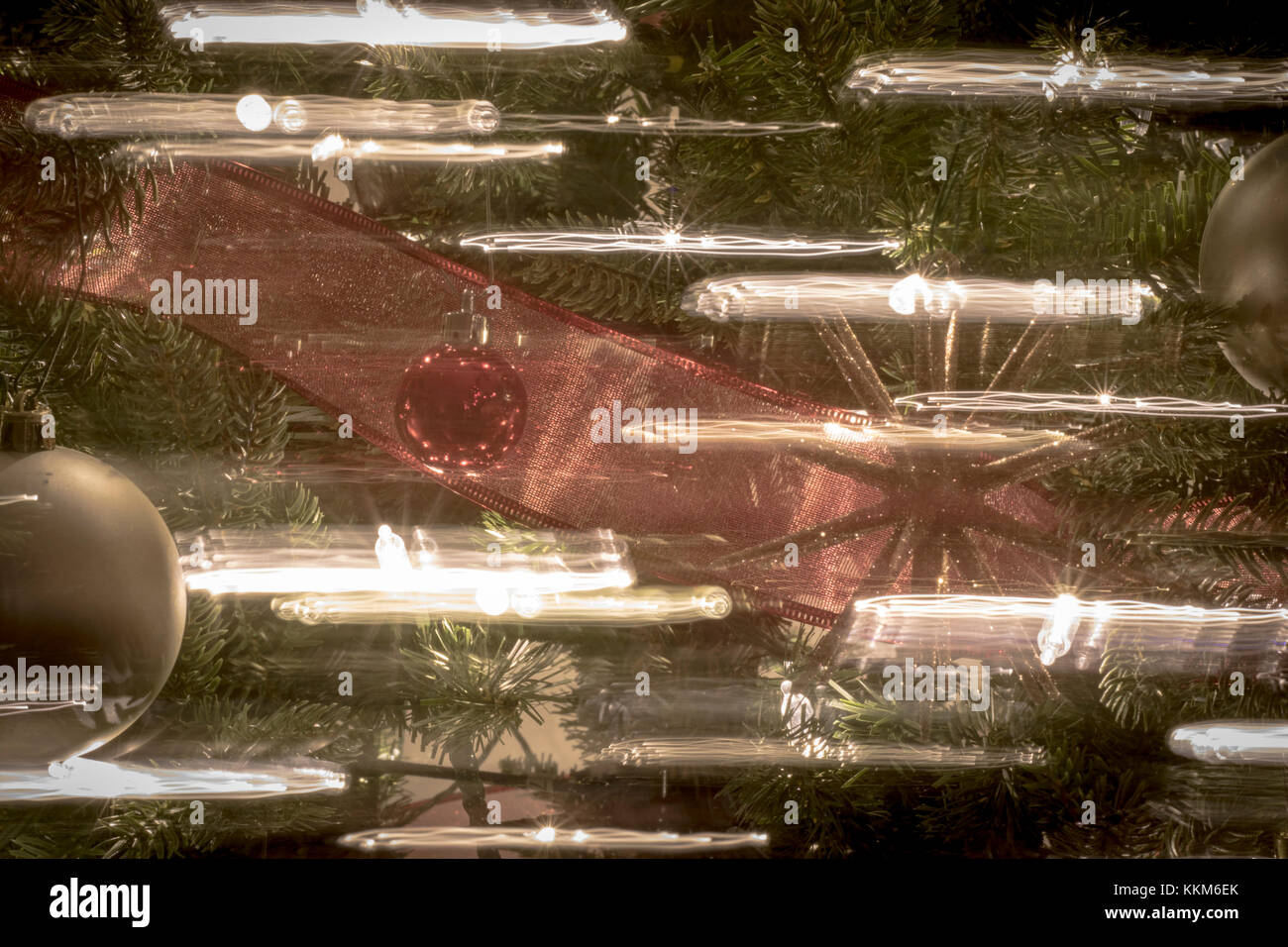 Christmas Long Exposure Tree and Ornaments at Night with ribbon and ...