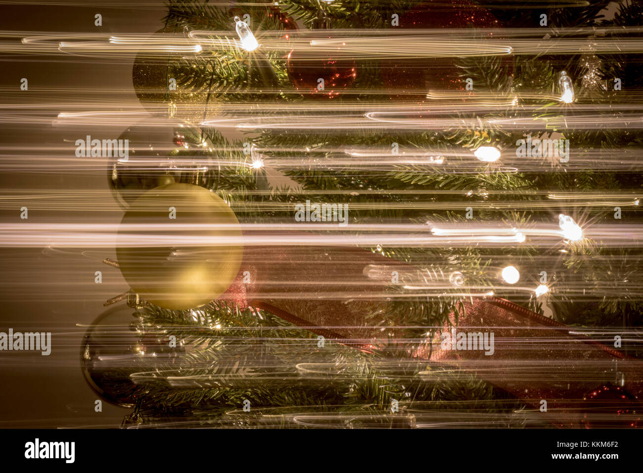 Christmas Long Exposure Tree and Ornaments at Night with ribbon and ...