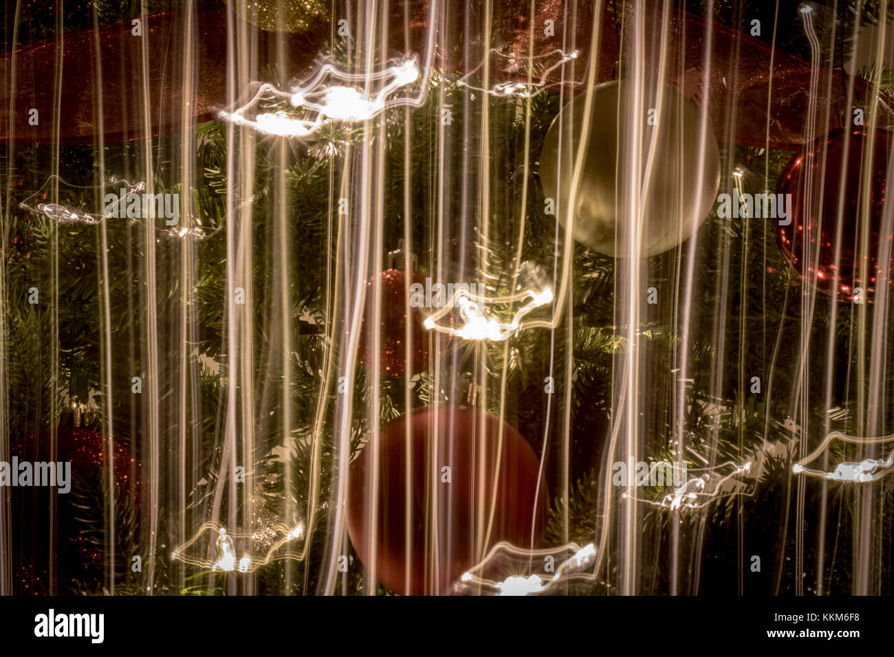 Christmas Long Exposure Tree and Ornaments at Night with ribbon and ...